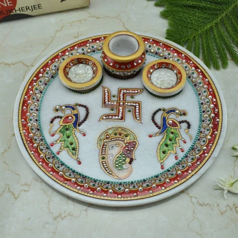 Marble Pooja Thali with Diya and Chopra for Tilak - 9 Inches | Garuda Life
